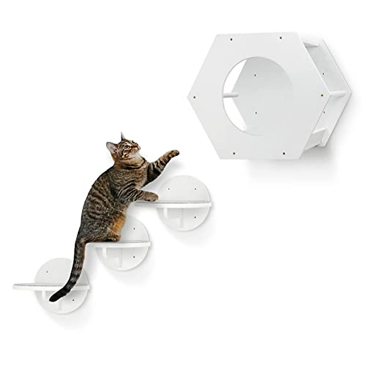 Cat House Wall Mount, Cat Shelves and Perches for Wall Fit Cat Up to 10Lbs, Cat Wall Shelves with 3 Wall Steps and Scratching Pad, Cat Hammock Wall Mount, White