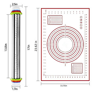 Rolling Pin nonstick and Silicone Baking Pastry Mat combo kit, Adjustable Rolling Pin With Thickness Rings, Rolling Pin for Baking Fondant, Pizza, Pie, Pastry, Pasta, Dough, Cookies (red)