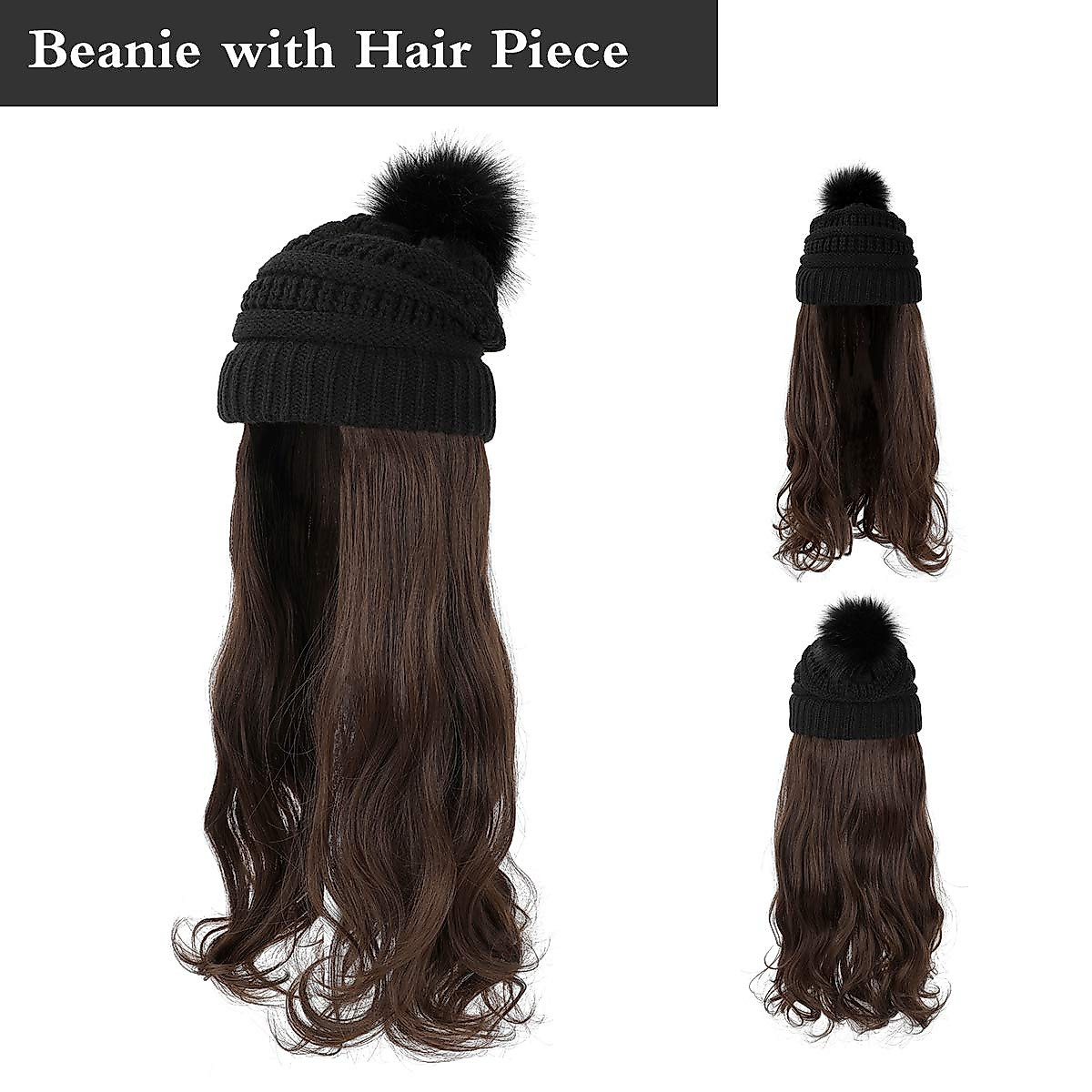 AynnQueen Beanie with Hair Attached for Women Slouchy Cable Hat Wig Knit Beanie Winter Hat with 20inch Removable Hair Extensions Wig (Medium Brown-Black Hat)