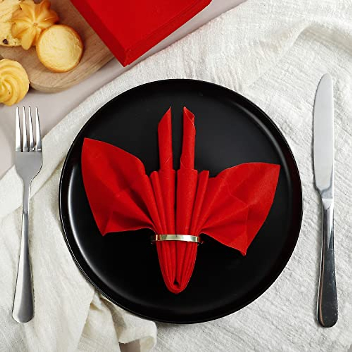 Linen-Feel Flame Red Paper Napkins, Cloth Like Dinner Napkins with Built-in Flatware Pocket, Pre-Folded Christmas Napkins Disposable Guest Paper Hand Towels for Kitchen, Events Party Napkins 50 Pack