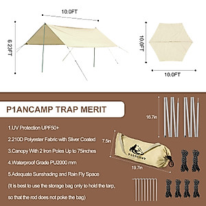 P1ancamp 10×10FT Camping Tarp with 2×6.6FT Poles, Waterproof & Lightweight Tent Tarp, Rain Fly Sun Shelter, 210D Oxford UPF50+ Shelter can Used with Car,Tent & Hammock for Picnic, Garden & Outdoor