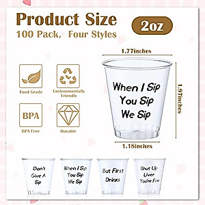 Tanlade 100 Pcs Clear Plastic Shot Glasses 2 oz Disposable Mini Plastic Cups Food Sample Communion Cup Small Containers for Sauce Dessert Wine Sample Tasting Birthday Wedding Party, 4 Styles (Naughty)