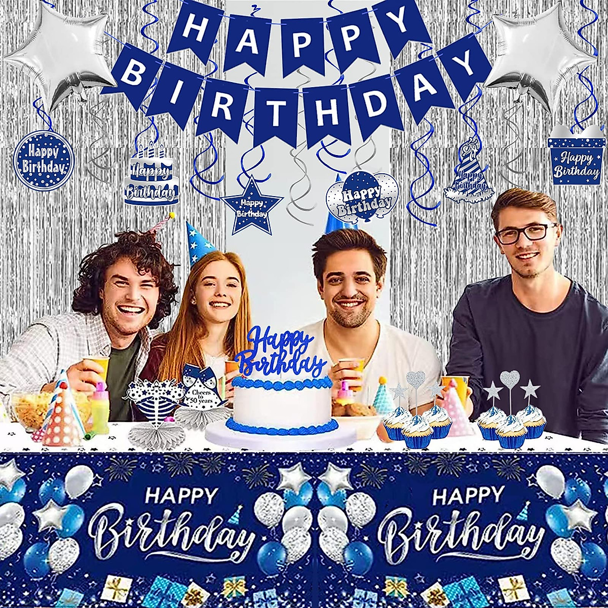 Navy Blue and Silver Birthday Decorations for Men Women, Blue Birthday Decorations for Men with Happy Birthday Banner Tablecloth Balloons Fringe Curtains Hanging Swirls Cake Toppers
