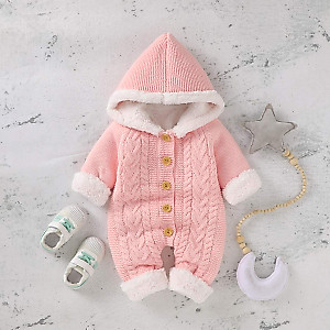 Camidy Baby Hooded Jumpsuit,Toddler Knitted Romper Cotton Long Sleeve One-Piece Coveralls