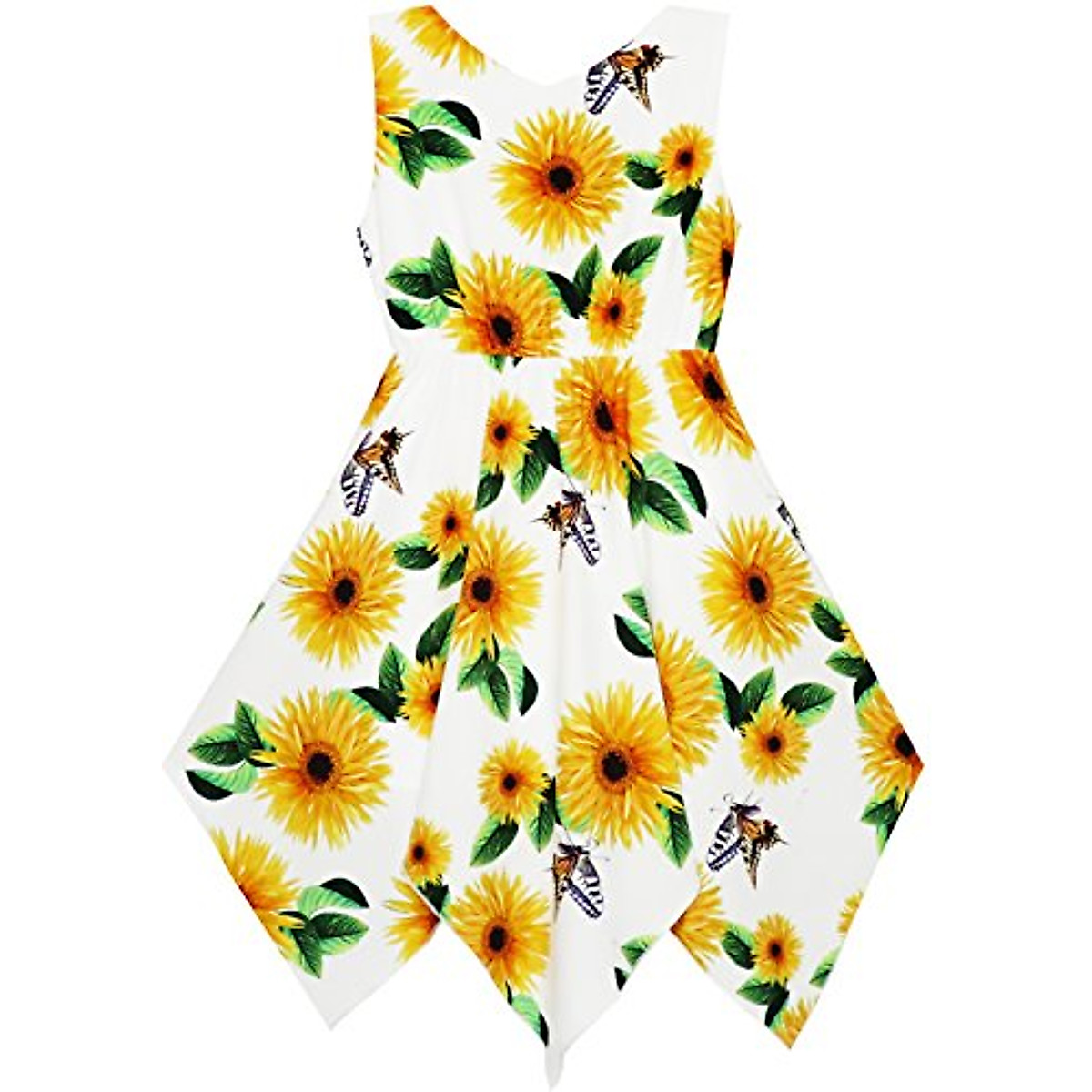 JE32 Girls Dress Sunflower Butterfly Hanky Hem Party Beach Necklace Size 8,Yellow,