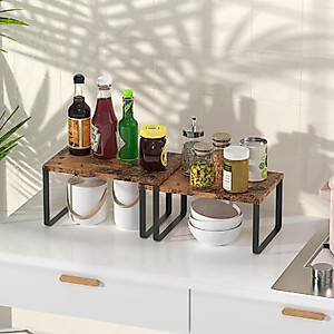 CADUKE Set of 4 Counter Shelves Kitchen Stackable Cabinet Shelf Wood Organizer Expandable Counter Top Racks Brown Bathroom Counter Organizer