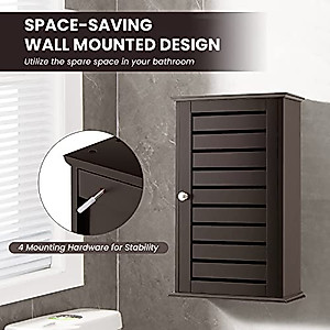 COSTWAY Wall Mounted Bathroom Cabinet, Wooden Storage Cabinet with 2 Adjustable Shelves and Reversible Door, Versatile Hanging Medicine Cabinet for Living Room, Kitchen, Entryway (Brown)