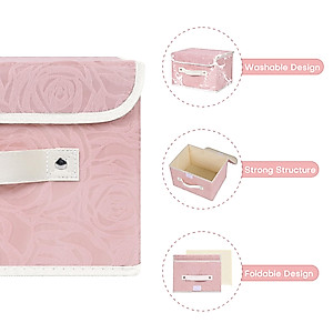 ANMINY Fabric Storage Bin with Lid Rose Print Storage Box Basket with PU Leather Handles Washable PP Plastic Board Decorative Foldable Lidded Shelf Cubes Closet Organizer Container - Pink, Small Size