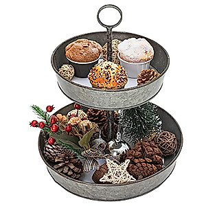 FLORA Farmhouse 2 Tiered Galvanized Serving Tray Stand with Carry Handle, Rustic Metal Display Tray for Cupcake Dessert Fruit, Perfect for Indoor or Outdoor Party Home Décor