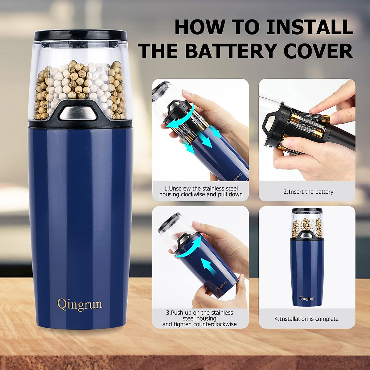 Qingrun electric salt or pepper grinder is provided with button control for grinding,battery-powered pepper mill,one-hand operation and white light.Adjustable roughness pepper grinder.Blue