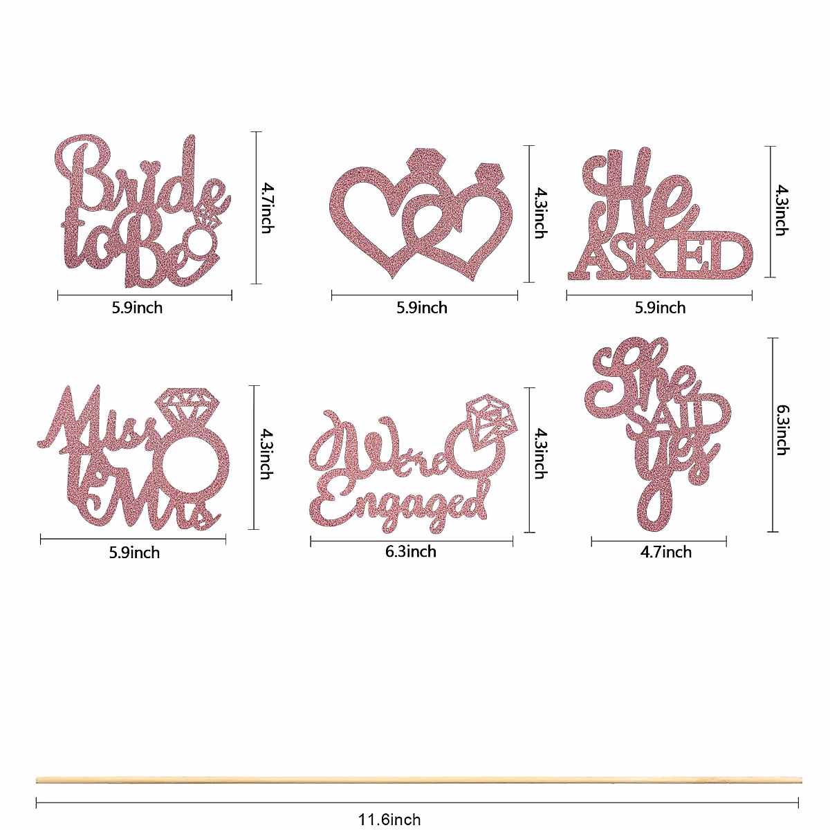 Rose Gold Wedding Party Decoration - He Asked - She Said Yes - Mr &Mrs - Bride To Be - We're Engaged and Love - 12 Pcs Glitter Wedding Cake Toppers Centerpiece Sticks Flower or Table Toppers