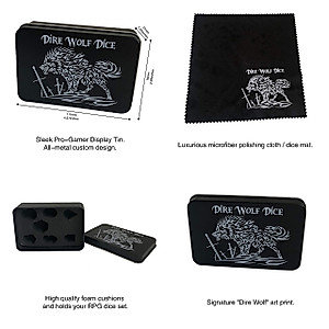 Dice Tin and Polishing Cloth / Dice Mat for Metal Polyhedral DND Dice Set (Dire Wolf), Gift Case for Role Playing RPG Like Dungeons and Dragons D&D, Pathfinder, Magic The Gathering MTG Games Sets