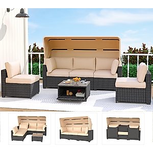 IDEALHOUSE Outdoor Daybed with Canopy,6 Pieces Patio Furniture Sets Adjustable Backrest PE Gradient Wicker Sectional Furniture Set with Tempered Glass Side Table