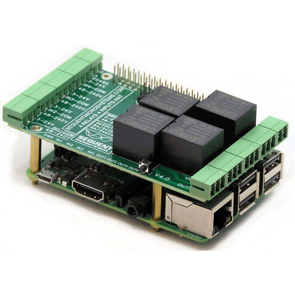 Sequent Microsystems Four Relays Four HV Inputs 8-Layer Stackable HAT for Raspberry Pi +5V