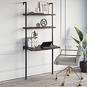 Nathan James Theo 2-Shelf Industrial Wall Mount Ladder Table, Nutmeg/Matte Black & Theo 4-Shelf Bookcase, Floating Wall Mount Shelves with Natural Wood and Industrial Pipe Metal Frame, Nutmeg/Black