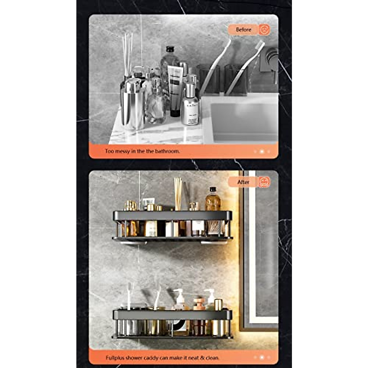 Fullplus Bathroom Organizer No Drilling Wall Shelf for Shampoo 2-Tier Vanity Tray Corner Shelf for Makeup Cosmetic with Soap Dish