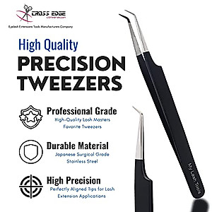 My Lash Tools Fiber Tip Lash Tweezers for Eyelash Extension Curved 45 Degree Angled Tweezer Best for Volume, Individual Isolation & Classic Lashes Stainless Steel Lash Supplies (Matte Black)