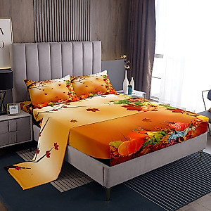 Fall Pumpkin Bed Sheets Set Halloween Themed Sheet Set Boys Girls Maple Leaves Decor Sheets with Deep Pocket Fitted Sheet Microfiber Pumpkin Festival Bed ing Set Bed OOM Full Size