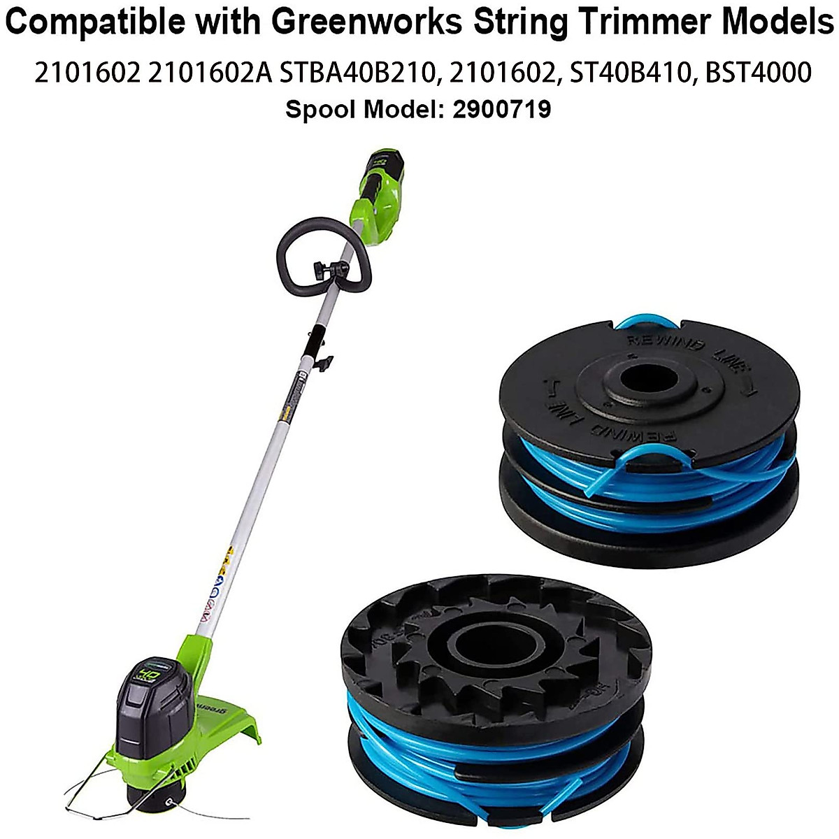 THTEN 2900719 Trimmer Spool Line Replacement for Greenworks 20ft 0.065 inch 2101602 2101602A STBA40B210, 2101602, ST40B410, BST4000 Dual line String Trimmers 6 Pack