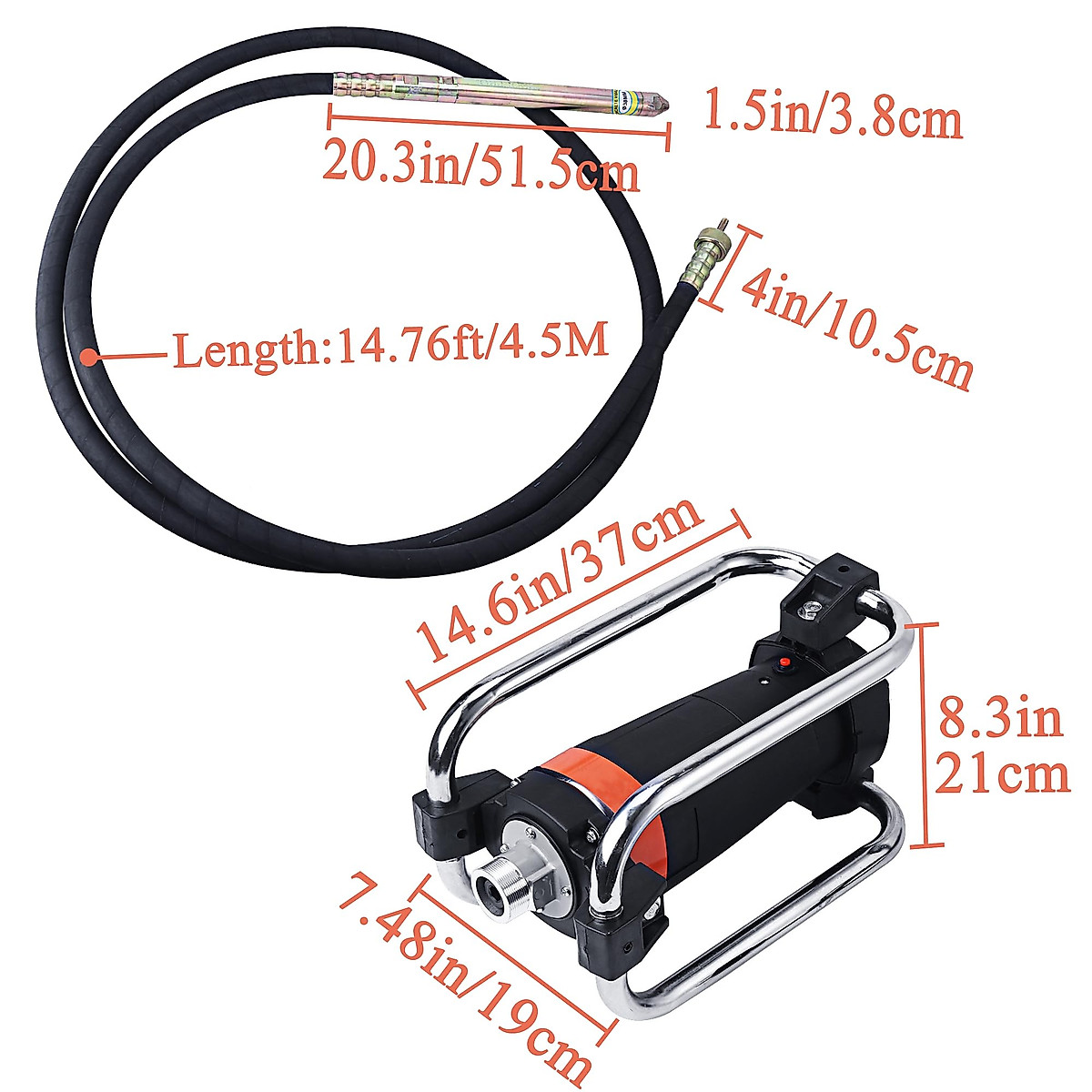 BIZOEPRO HandHeld Electric Concrete Vibrator 1600W 2HP 18000rpm 14-3/4 feet 4.5M Long Shaft Concrete Vibrating Tool Portable Construction Pencil Power Concrete Vibrators Remove Air Bubbles Level Tool