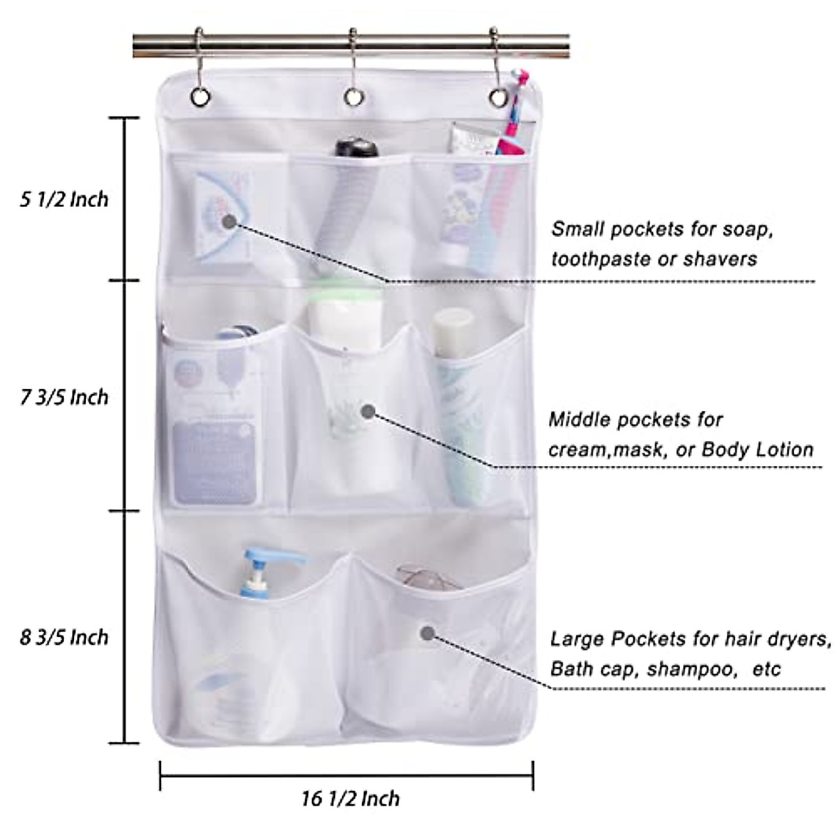 KIMBORA Mesh Shower Organizer Hanging Bathroom Caddy 8 Pockets Hang Curtain Rod with 3 Rings
