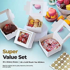 Mint Living 30pcs 4x4x2.5 Inches White Bakery Boxes with Window Small Treat boxes for Cupcakes Cookie boxes Desserts Donuts Pastry, Mini Cake box, Party Favors, Gift Box, Gold Bakery box