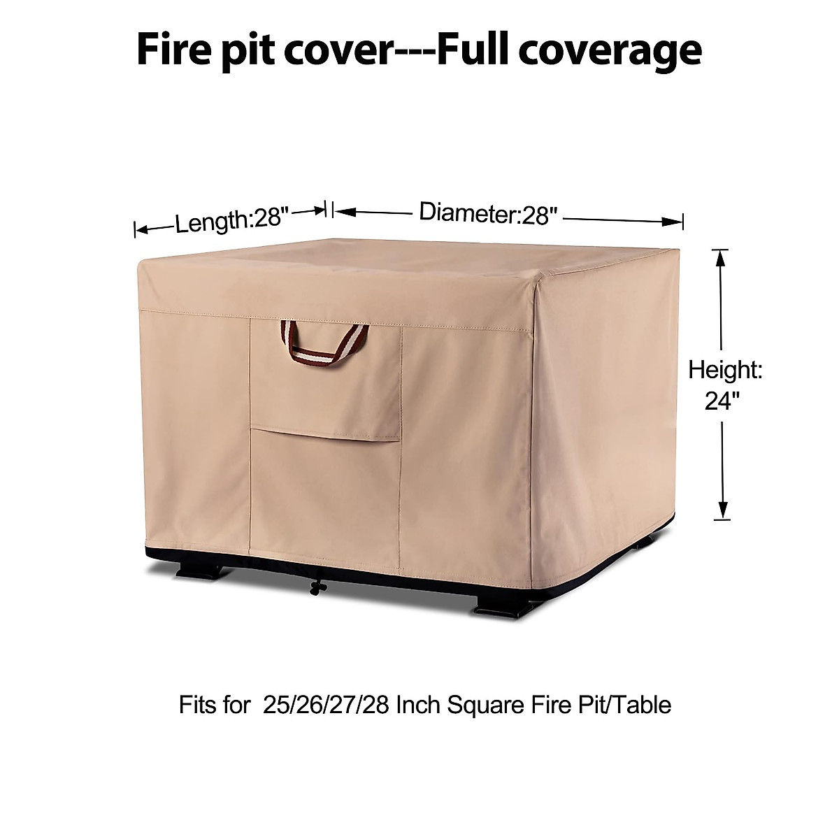 Fire Pit Cover Square - 25-28 Inch Heavy Duty 900D Strong Tear-Resistant and UV Resistant and Waterproof and Fading Resistant Material Polyester Firepit Covers Square for Outdoor Fire Table - Wheat