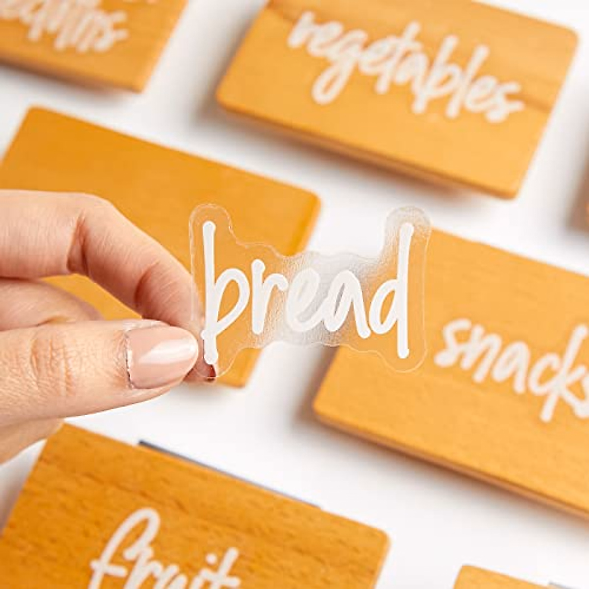 Set of 8 Wooden Clip On Pantry Label Holders for Storage Bins + 70 Preprinted White on Clear Script Stickers for Kitchen Organization, Baskets, Containers