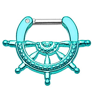 Bright Aqua Boating Wheel Helm Nautical Septum Clicker Nose Ring Hoop Stainless Surgical Steel Jewelry Piercing 16g