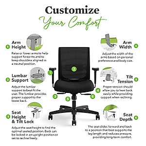 HON Convergence Ergonomic Office Chair Back Support Mesh Computer Chair - Home Office Desk Chairs with Adjustable Arms, Lumbar Support, Rolling Swivel Wheels, Tilt Recline - Black Vinyl