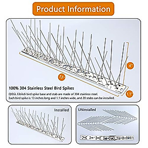 QIEGL Bird Spikes Stainless Steel for Pigeons Small Birds Anti Bird Spikes Bird Deterrent Spikes Sparrow Fence Spikes Cover 10 Feet (10 Pack Uninstalled)