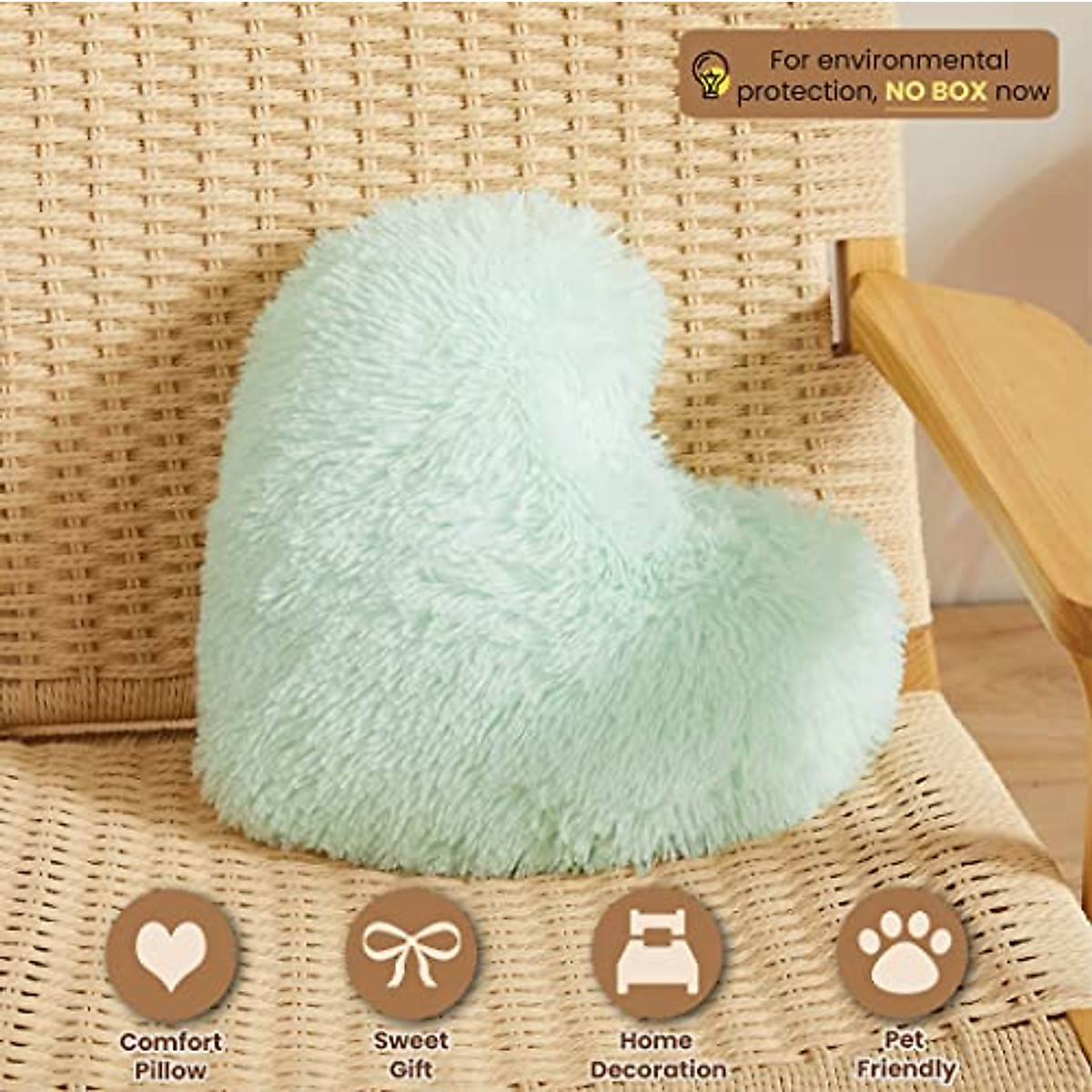 MEGO Fluffy Heart Pillow, Faux Fur Decorative Throw Pillow, Plush Shaggy Heart Shaped Pillow w Insert&Cover, Cute Furry Throw Pillows for Couch Bed Sofa Kid Girls Women Valentine's Day Gift Aqua Green