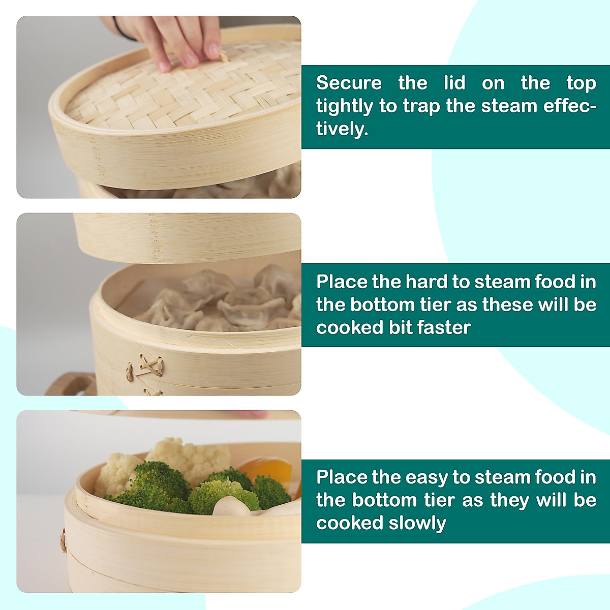 Dumpling Bamboo Steamer for Cooking with a Lid 10 Inch 2 | Tier Wooden Basket with 2 Pair of Chopsticks | Bun Steamer Basket | 1 Dumpling Maker, Sauce Dishes, and 20 Liners | Food Steamer basket