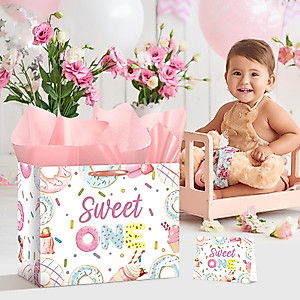 Wayyogh Sweet One Gift Bag 1st Birthday Wrap Bag for Girls First Birthday Wrapping Paper Bag with Greeting Card Tissue Paper for Donuts One Year Old Girl Ice Cream Candy Baby Shower Party Supplies