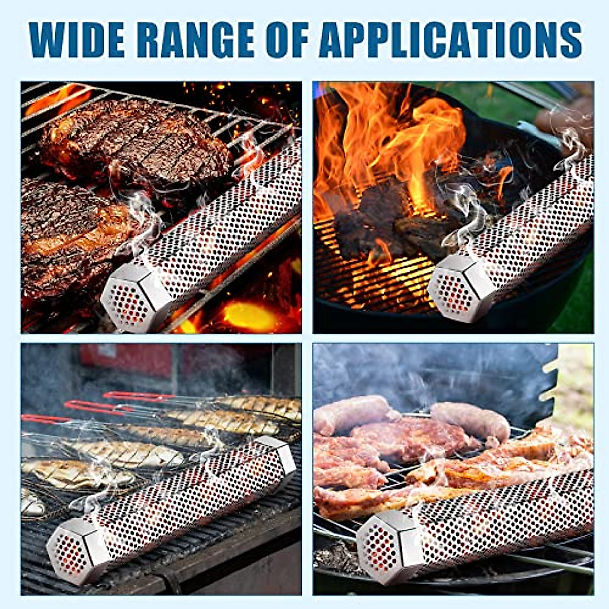 4 Pcs Pellet Smoker Tube 12 Inch Stainless Steel BBQ Wood Pellet Tube for Smoking with Cleaning Brush and 8 S Shape Hooks for Hours of Billowing Cold Hot Smoking for All Grills or Smokers