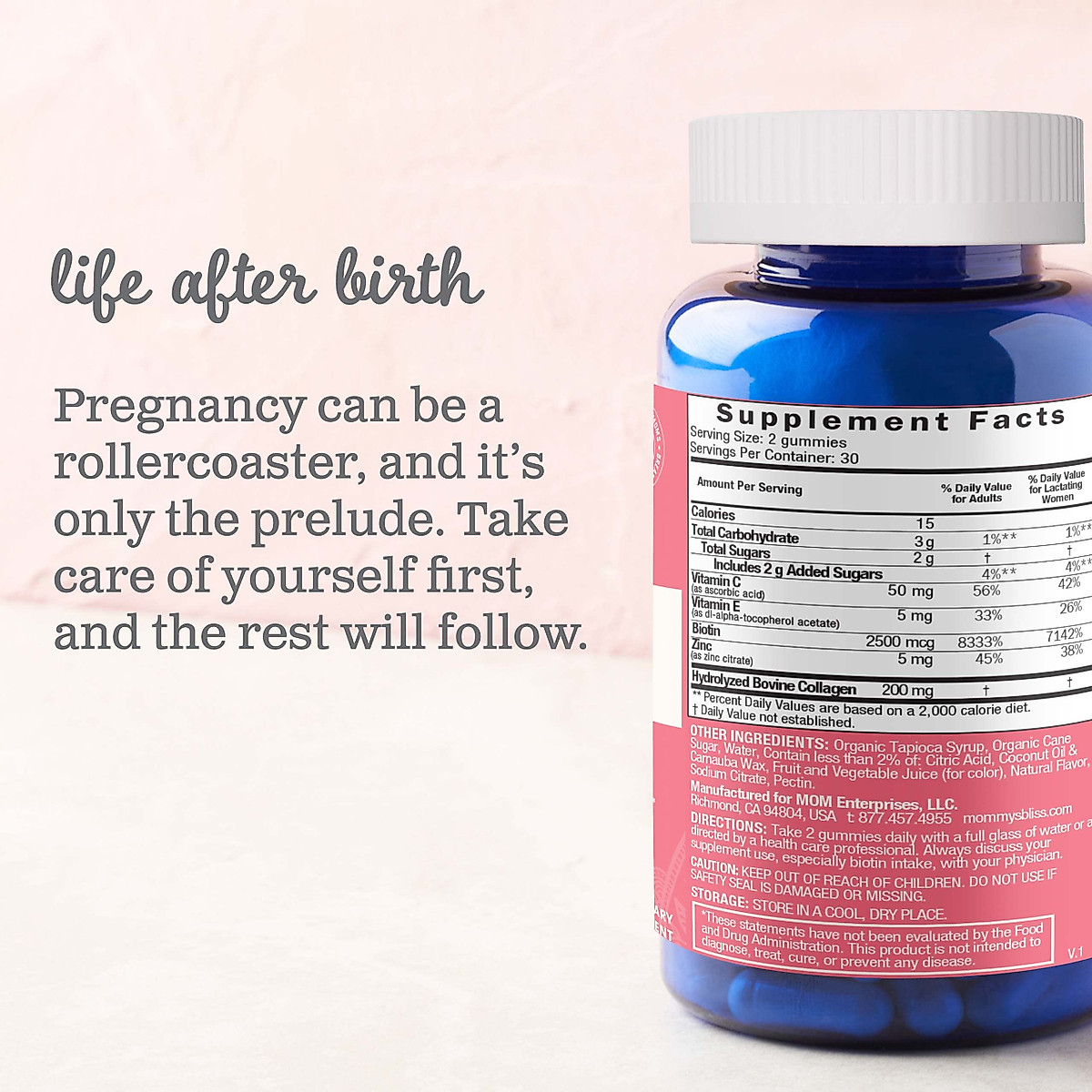 Mommy's Bliss Postnatal Support Reset My Body Gummies with Biotin & Collagen, Supports Postpartum Energy, Healing & Joint Health + Hair, Skin & Nails Health, Gluten Free, 60 Gummies (30 Servings)