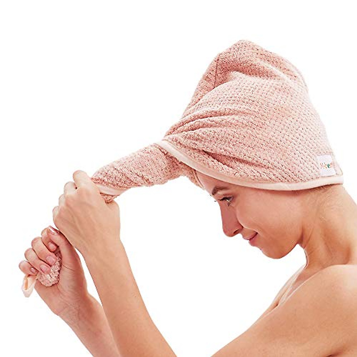 M-bestl 2 Pack Hair Towel Wrap,Hair Drying Towel with Button, Microfiber Hair Towel, Dry Hair Hat, Bath Hair Cap (Pink&Beige)