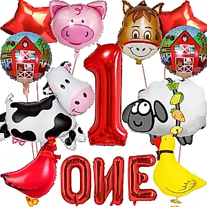 14 PCS Farm Animal Balloons Cow Sheep Duck Rooster Pig Donkey Balloons Barnyard Balloon Supplies with Large Number 1 Foil Balloon for Farm Animal Theme 1st Birthday Party Decor Supplies