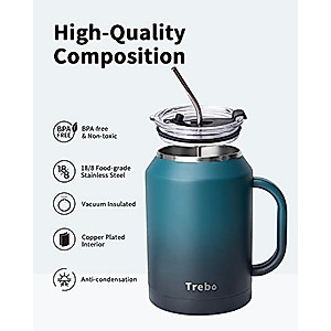 Trebo 50 oz Mug Tumbler with Handle, Stainless Steel Coffee Cup with 2 Lids and 2 Straws,Double Wall Vacuum Insulated Large Bottle,Reusable Flask Keeps Cold for 36 Hrs/Hot for 24 Hrs,Blue Indigo/Black