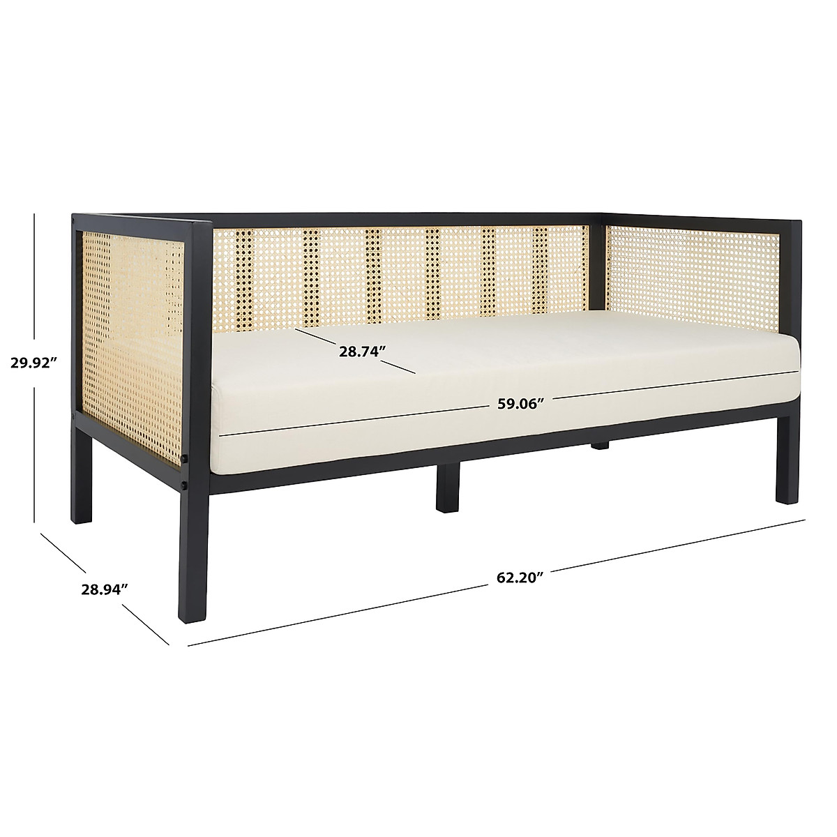 SAFAVIEH Home Collection Dune Coastal Black Rattan 3-Seater Sofa with White Cushion (Fully Assembled)