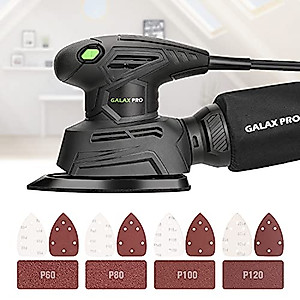 GALAX PRO Detail Sander, 1.1A Powerful Motor, 14000 OPM Compact Electric Sander with 16Pcs Sandpapers and Dust Bag, Soft Grip Handle for Comfortable Woodworking