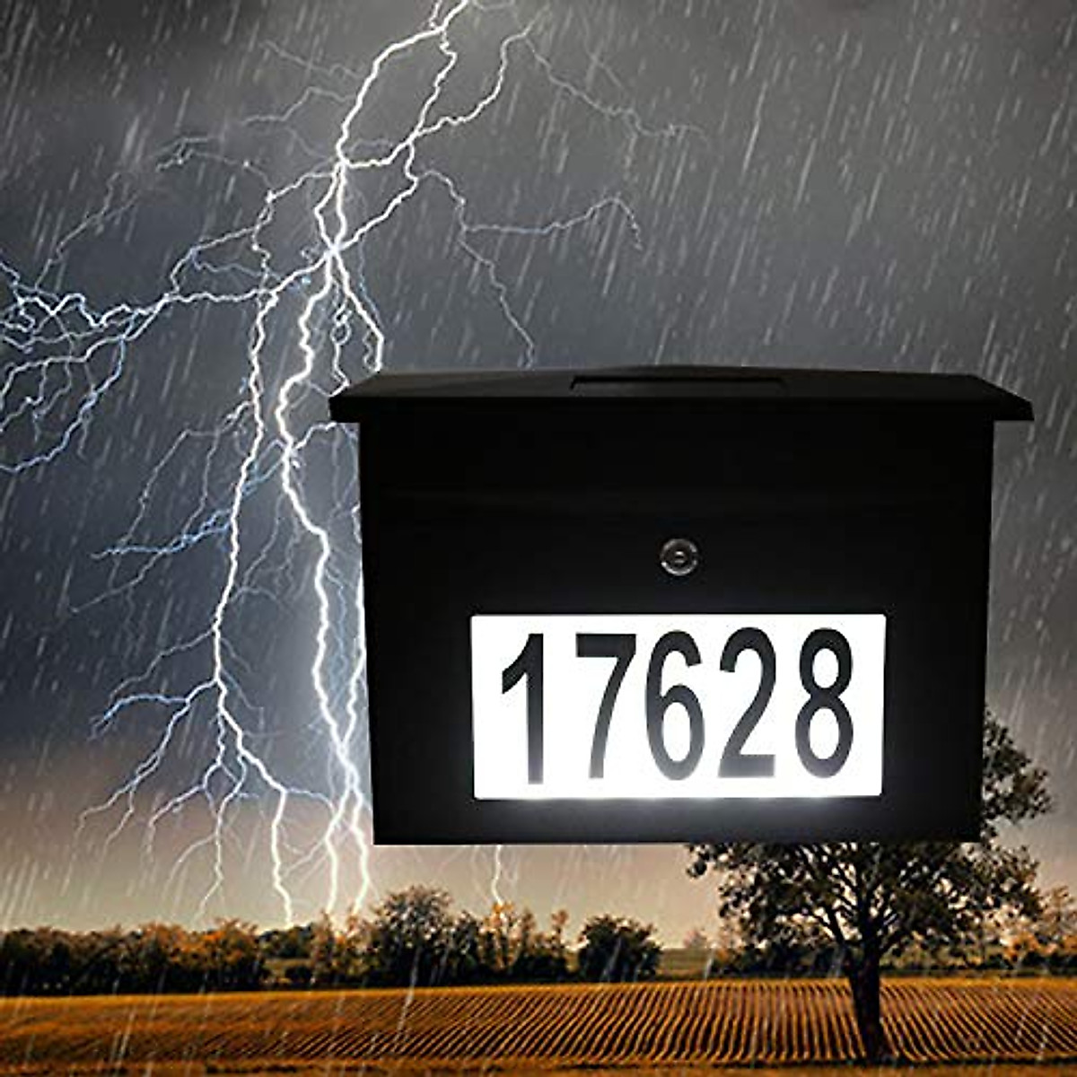 Black Wall Mount Locking Mailbox - Solar House Numbers Light Large Capacity Illuminated at Night - Waterproof Iron Mental Address Numbers Mail Box Outdoor with Keys