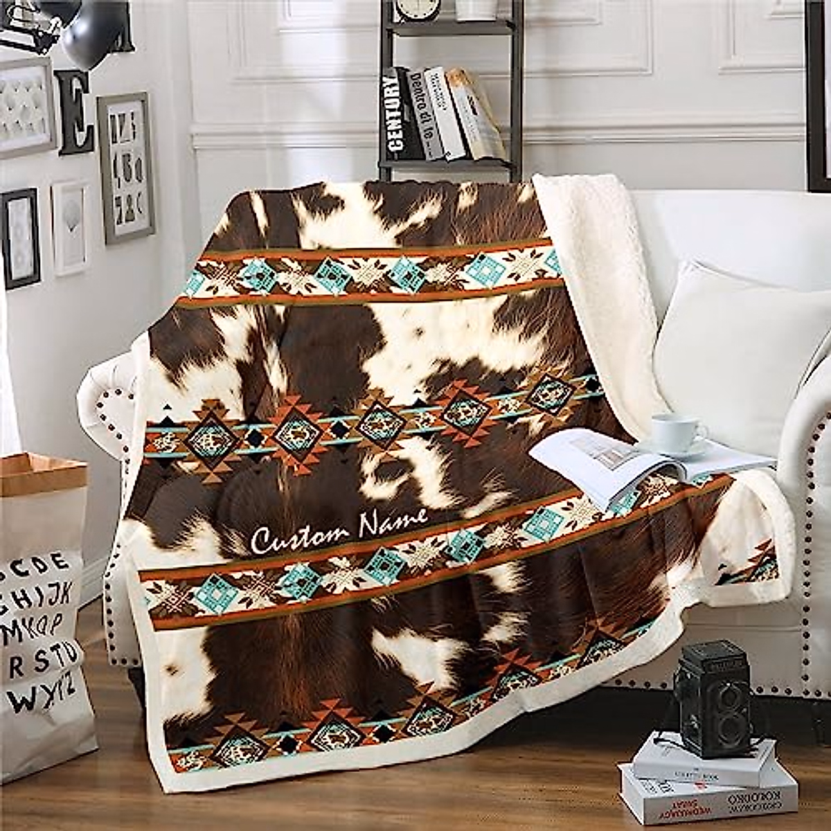 Custom Name Cowhide Fleece Blanket Brown Highland Cow Print Blanket 50"x60",Western Throw Blanket Exotic Aztec Bed Blanket,Farmhouse Wild Animals Longhorn Skin Sofa Decor Cowboys Gifts for Men