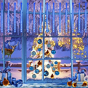 Christmas Decorations, Outdoor Solar Christmas Lights, 12 inch 8 Tube 144 LED IP65 Waterproof Falling Meteor Shower Rain Lights for Holiday Xmas Wedding Party Garden Home Patio Yard Tree Decor (Blue)