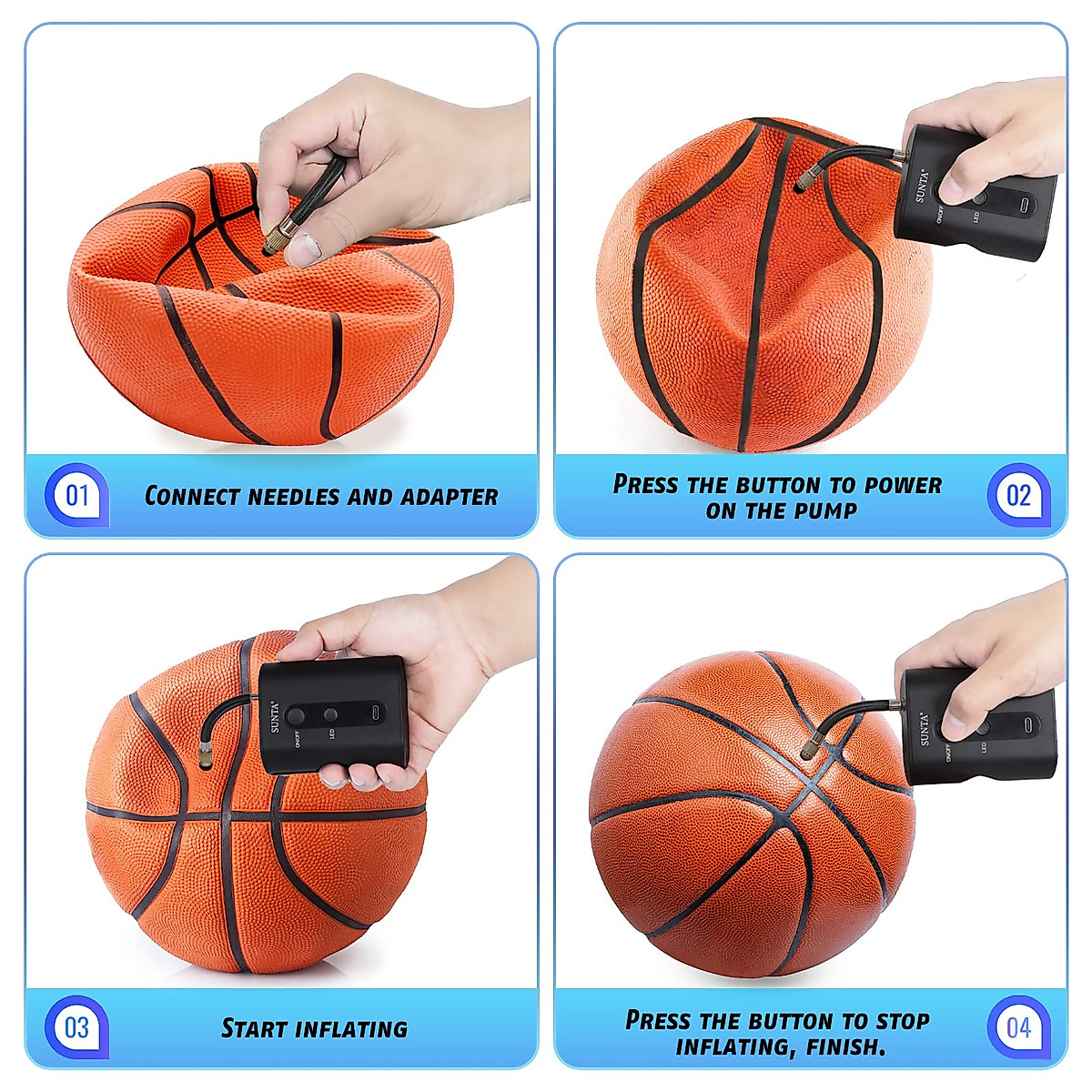 SUNTA Electric Ball Pump Inflator, Rechargeable Air Pump with Needles for Sport Balls, Basketball Soccer Volleyball Football Rugby