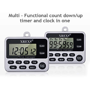 XREXS 4 Channels Digital Kitchen Timer Clock, Cooking Timer with Large LCD Display, 4 Groups Simultaneous Timing Countdown Up Pocket Timer, Magnetic Attachable (Battery Included) (396)