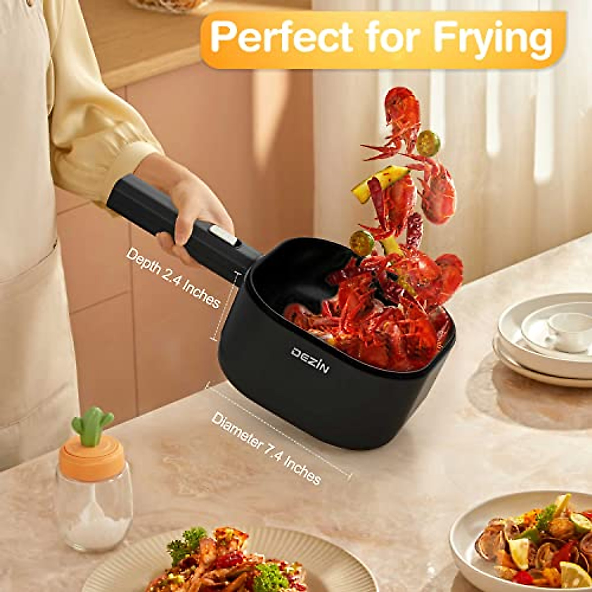 Dezin Hot Pot Electric with Steamer, 2L Non-Stick Ceramic Coating Electric Pot, Multifunction Cooker for Ramen, Soup & Oatmeal, Portable Hot Pot with Power Control for Dorm, Office, Travel (Silicone Spatula Included)