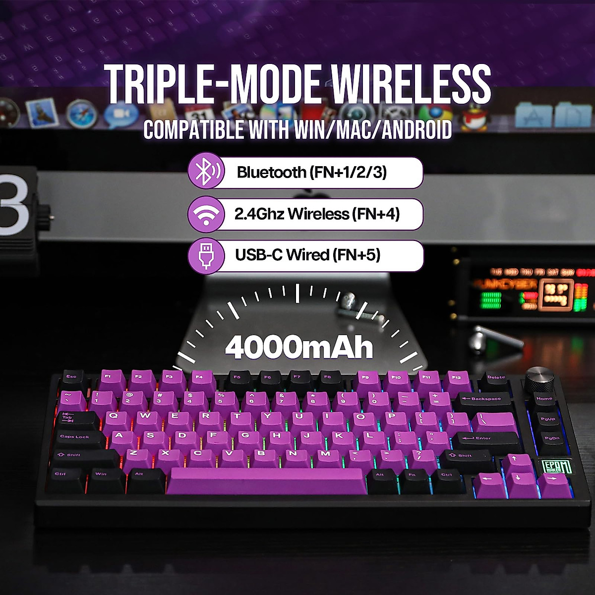 EPOMAKER TH80 SE Gasket 75% Mechanical Keyboard, NKRO Hot Swappable RGB 2.4Ghz/ Bluetooth 5.0/ Wired Gaming Keyboard with Poron/EVA Foam, 4000mah Battery (Black Purple, Budgerigar Switch)