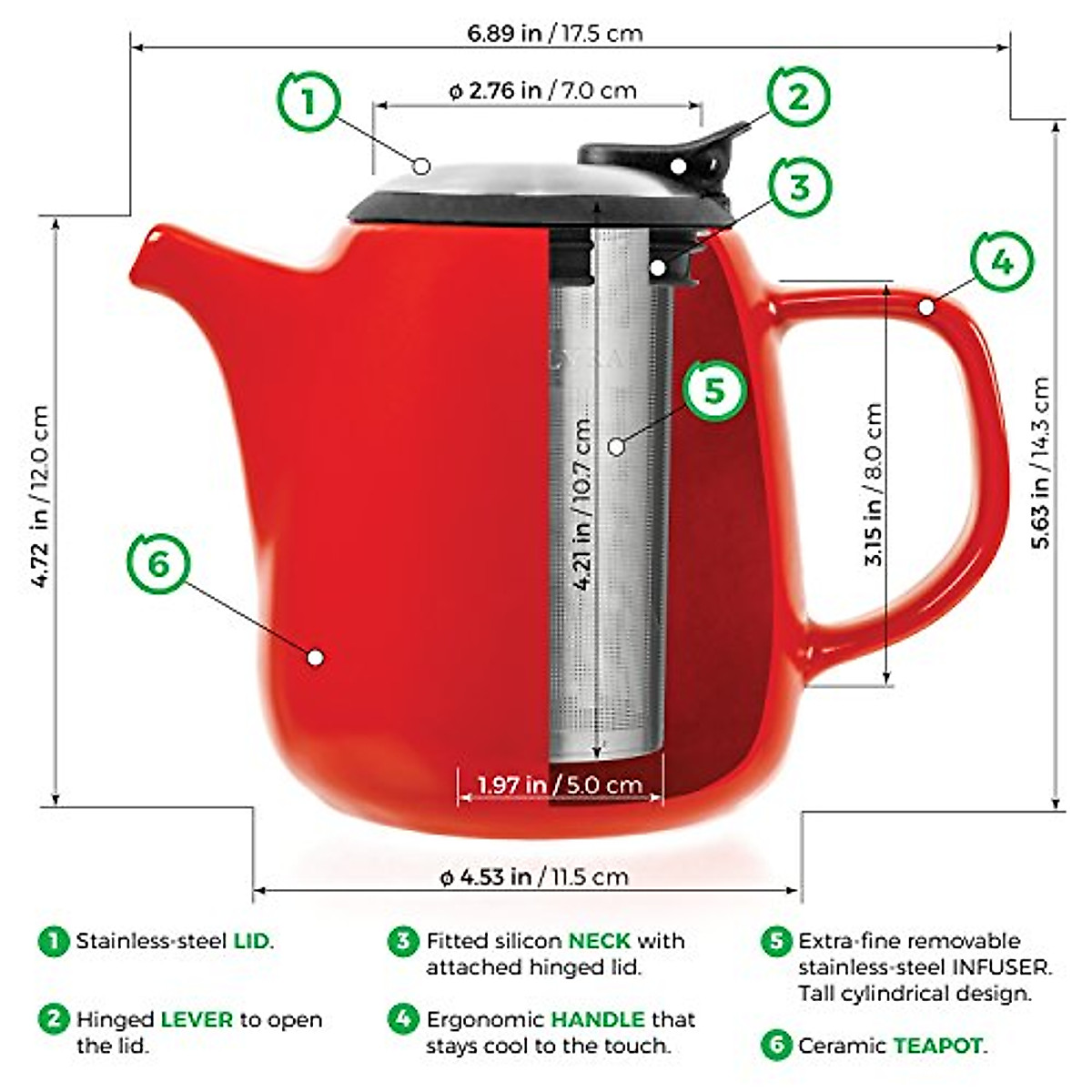 Tealyra - Daze Ceramic Teapot in Red - 27-ounce (2-3 cups) - Small Stylish Ceramic Teapot with Stainless Steel Lid and Extra-Fine Infuser To Brew Loose Leaf Tea