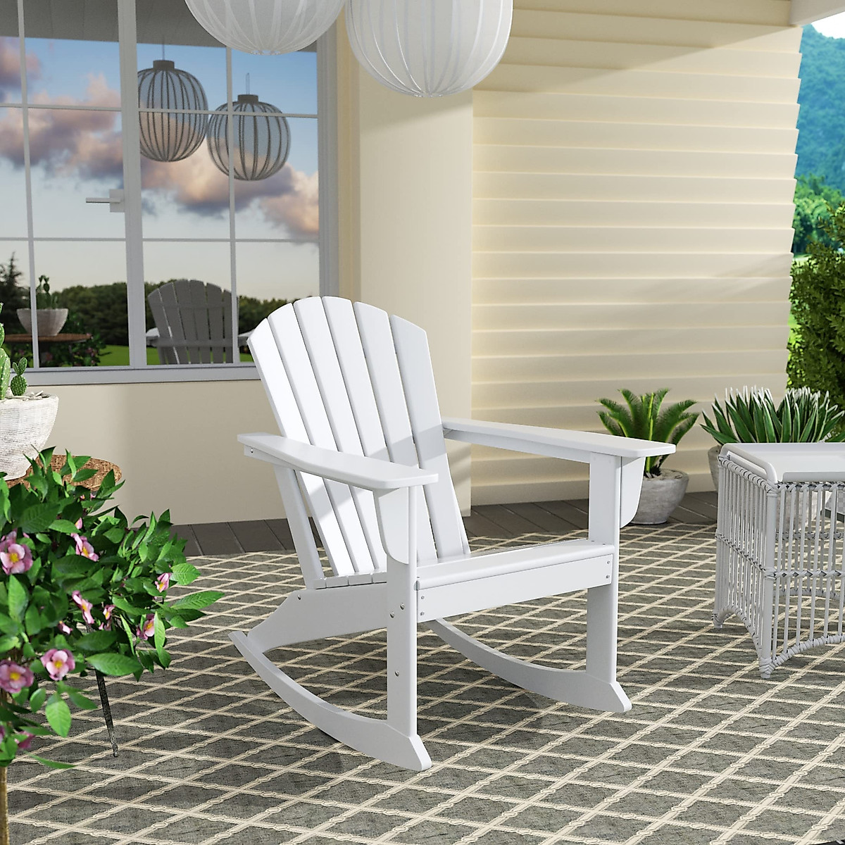 Costaelm Outdoor Adirondack Chair, All Weather Resistant Lawn Chairs Balcony Chair and Fire Pit Chairs, Deck Chairs Outdoor Porch Rocking Chair High Back HDPE Poly Lumber, White